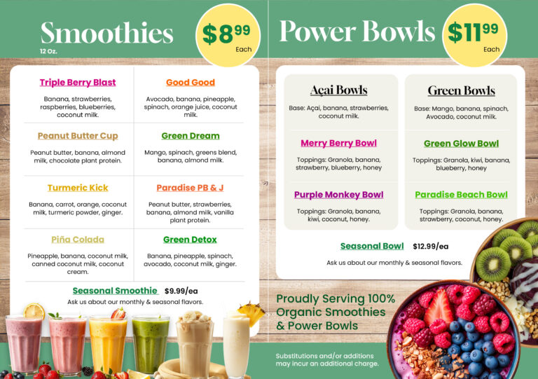 Juice Bar Menu – Paradise Health & Nutrition